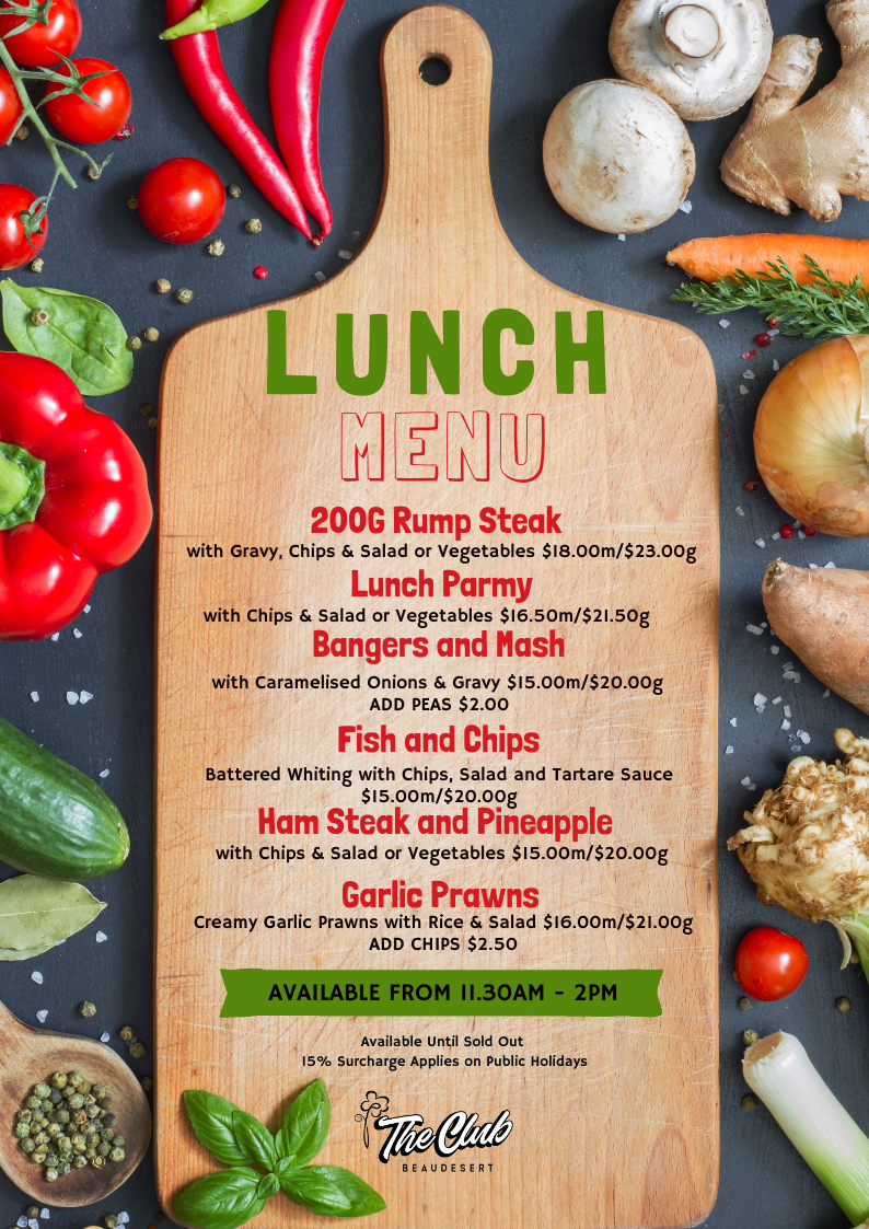 Lunch Menu 2025 - The Club Beaudesert